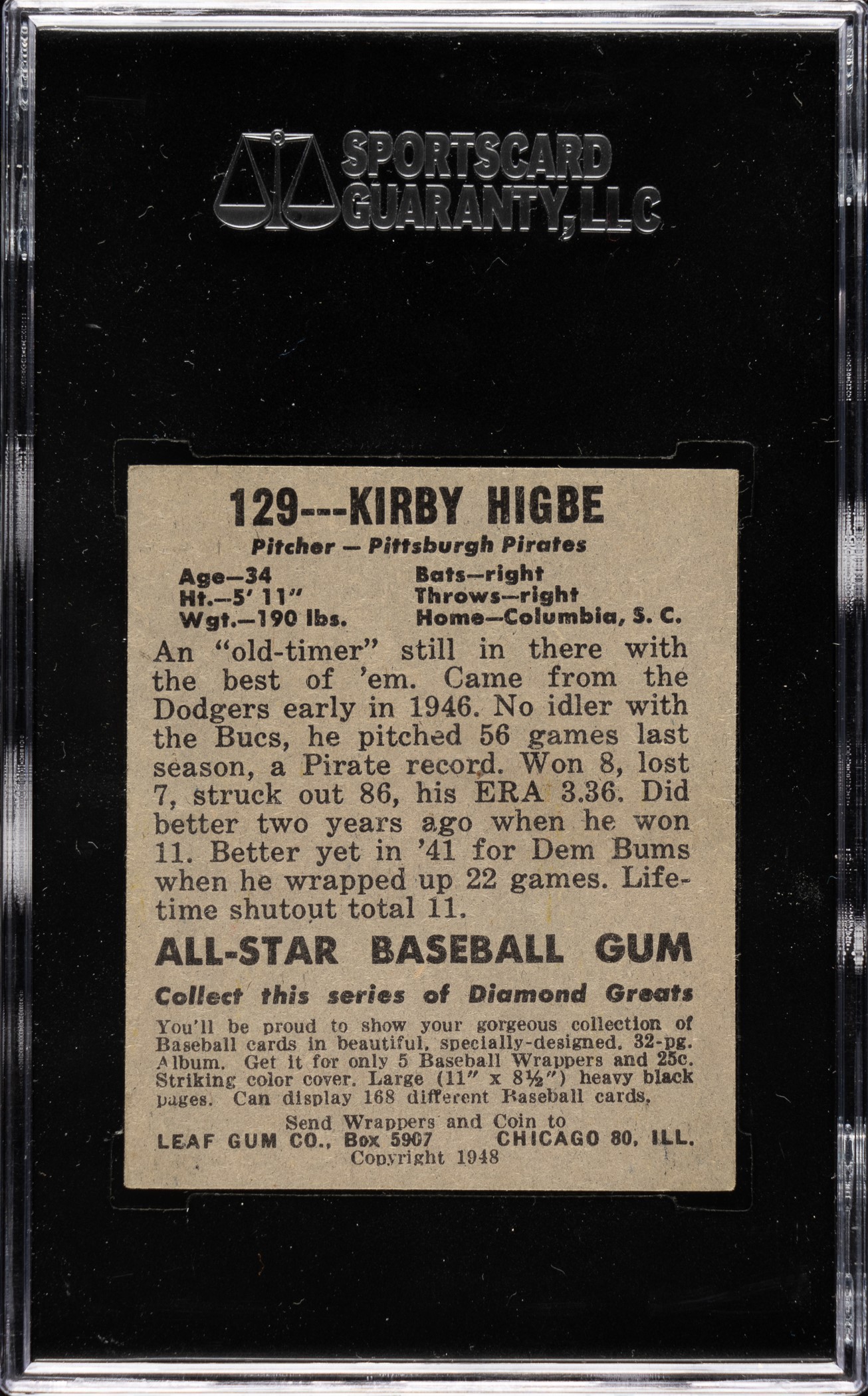1948-1949 Leaf #129 Kirby Higbe Short Print SGC EX+ 5.5 | REA Archive