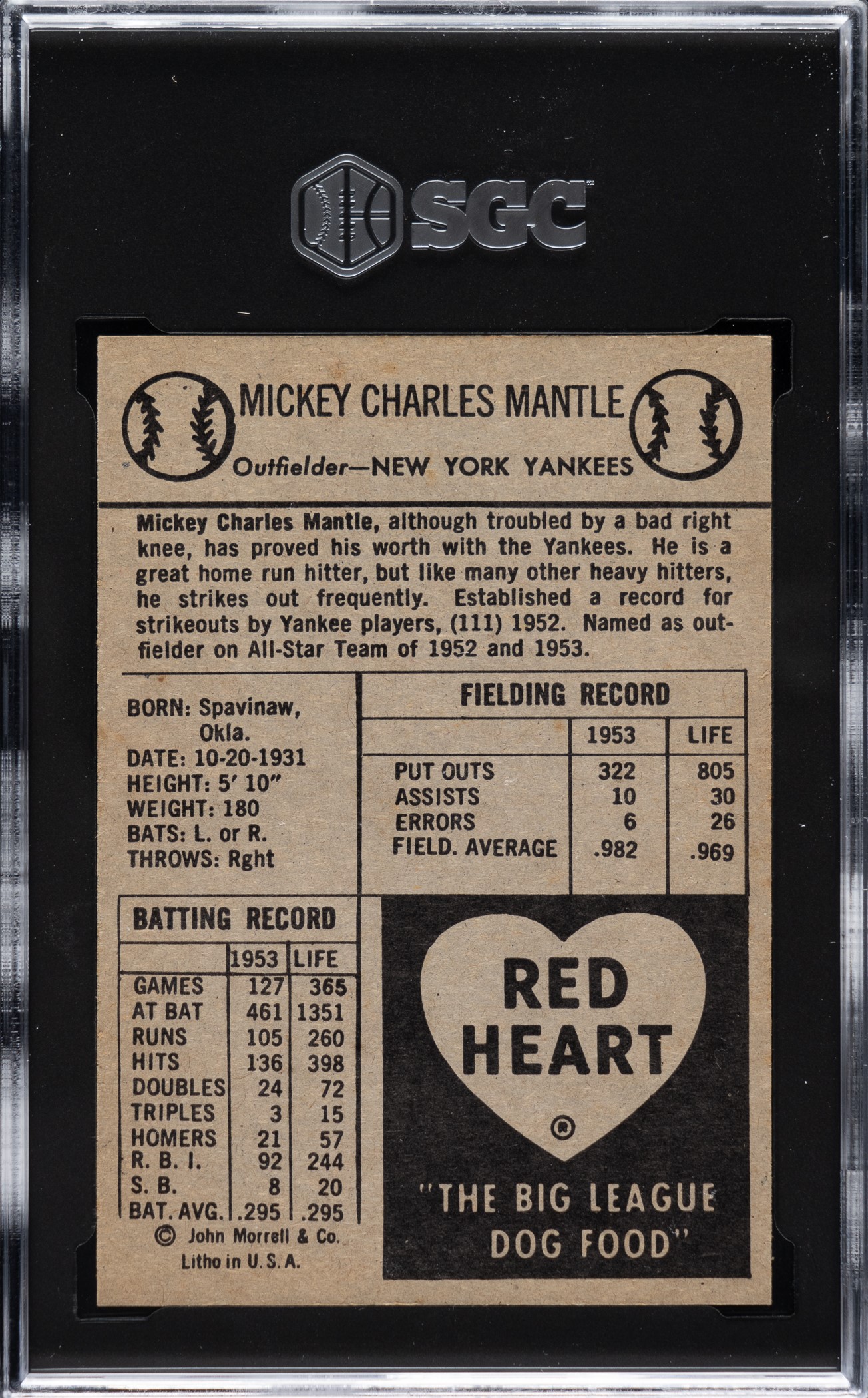 1954 Red Heart Dog Food Mickey Mantle SGC NM 7 | REA Archive