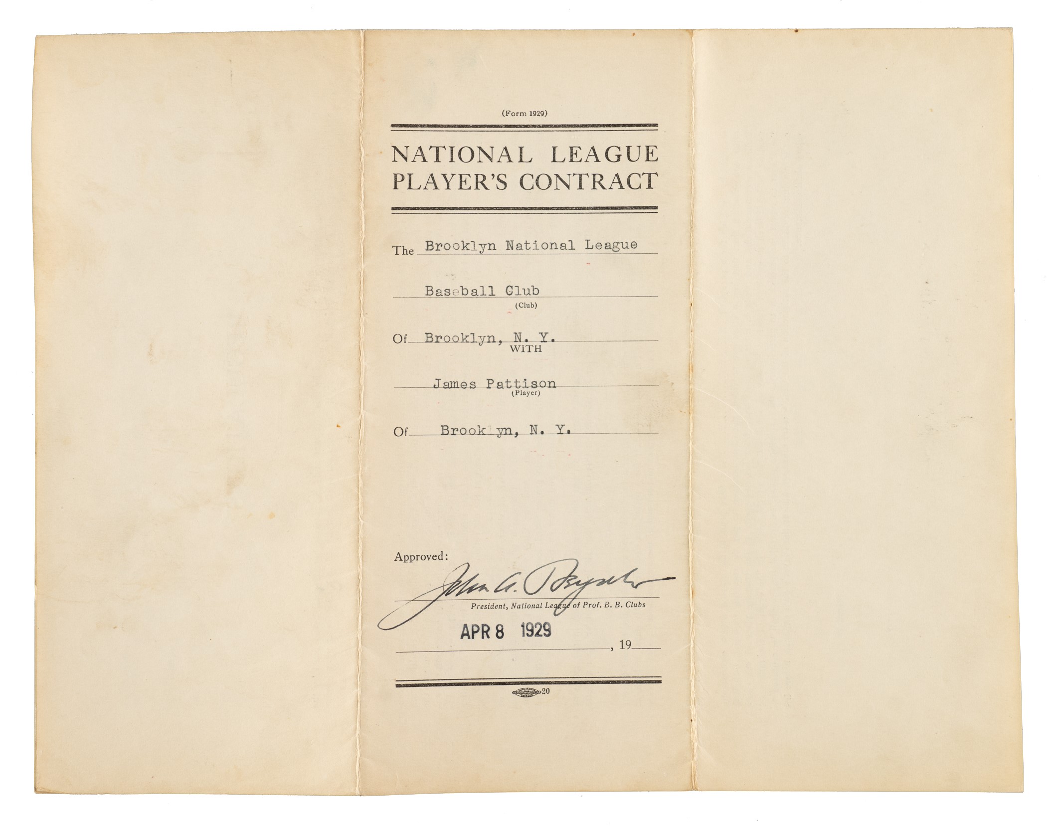 1929 James Pattison Brooklyn Dodgers Contract - Signed by Wilbert ...