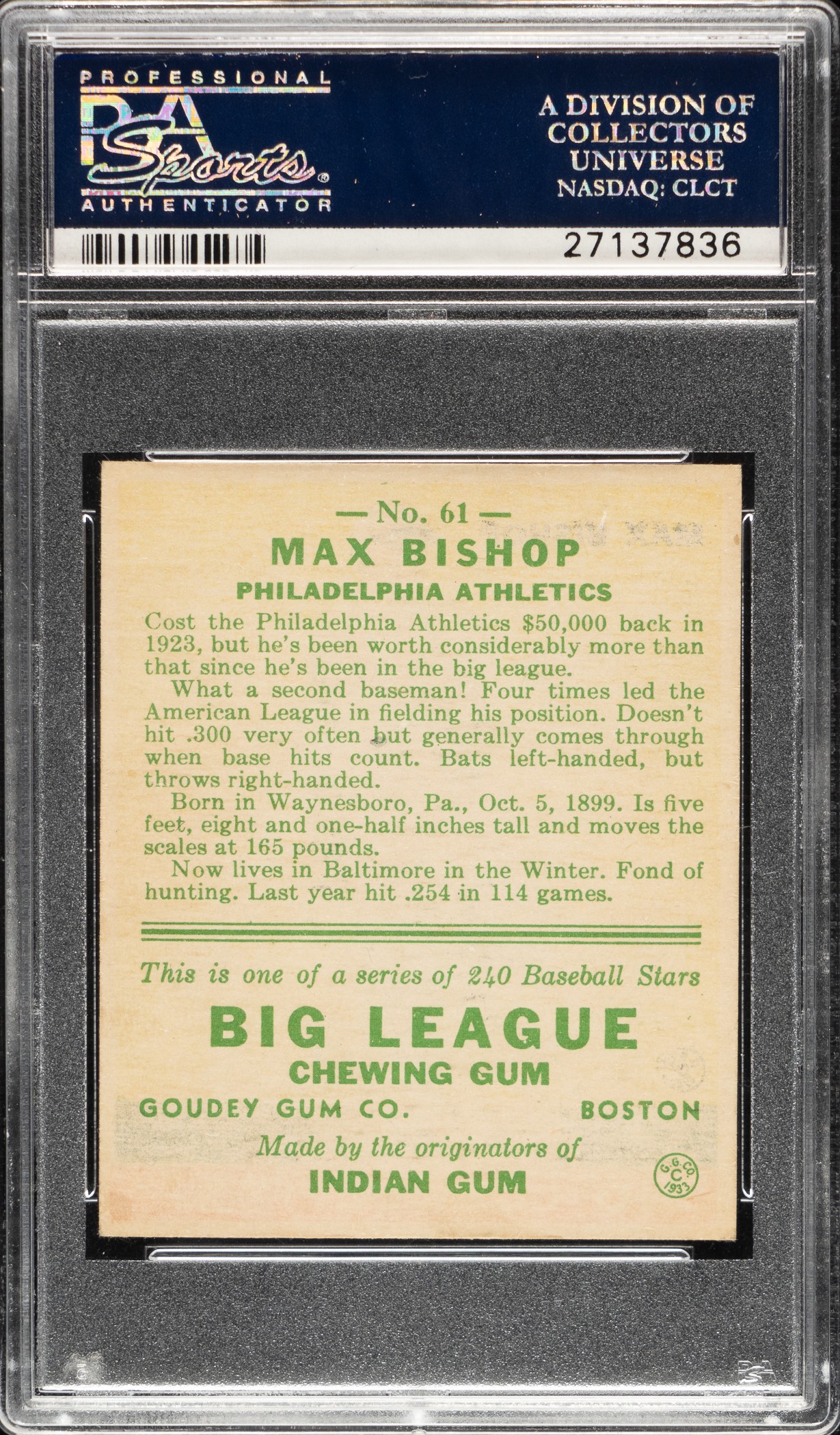 1933 R319 Goudey #61 Max Bishop PSA NM-MT 8 | REA Archive