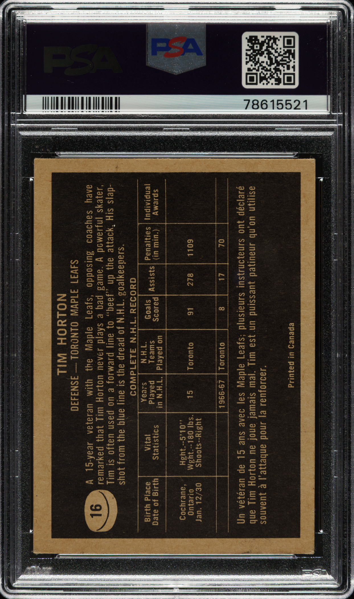 Signed 1967-1968 Topps Hockey #16 Tim Horton - PSA/DNA - The Only PSA ...