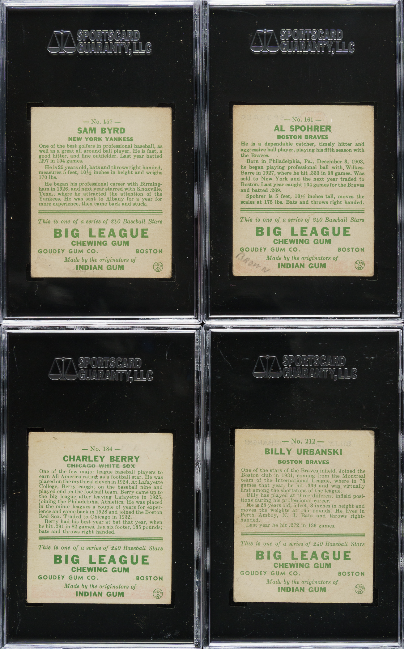 1933 R319 Goudey SGC FAIR 20 Collection (4): Sam Byrd, Al Spohrer ...