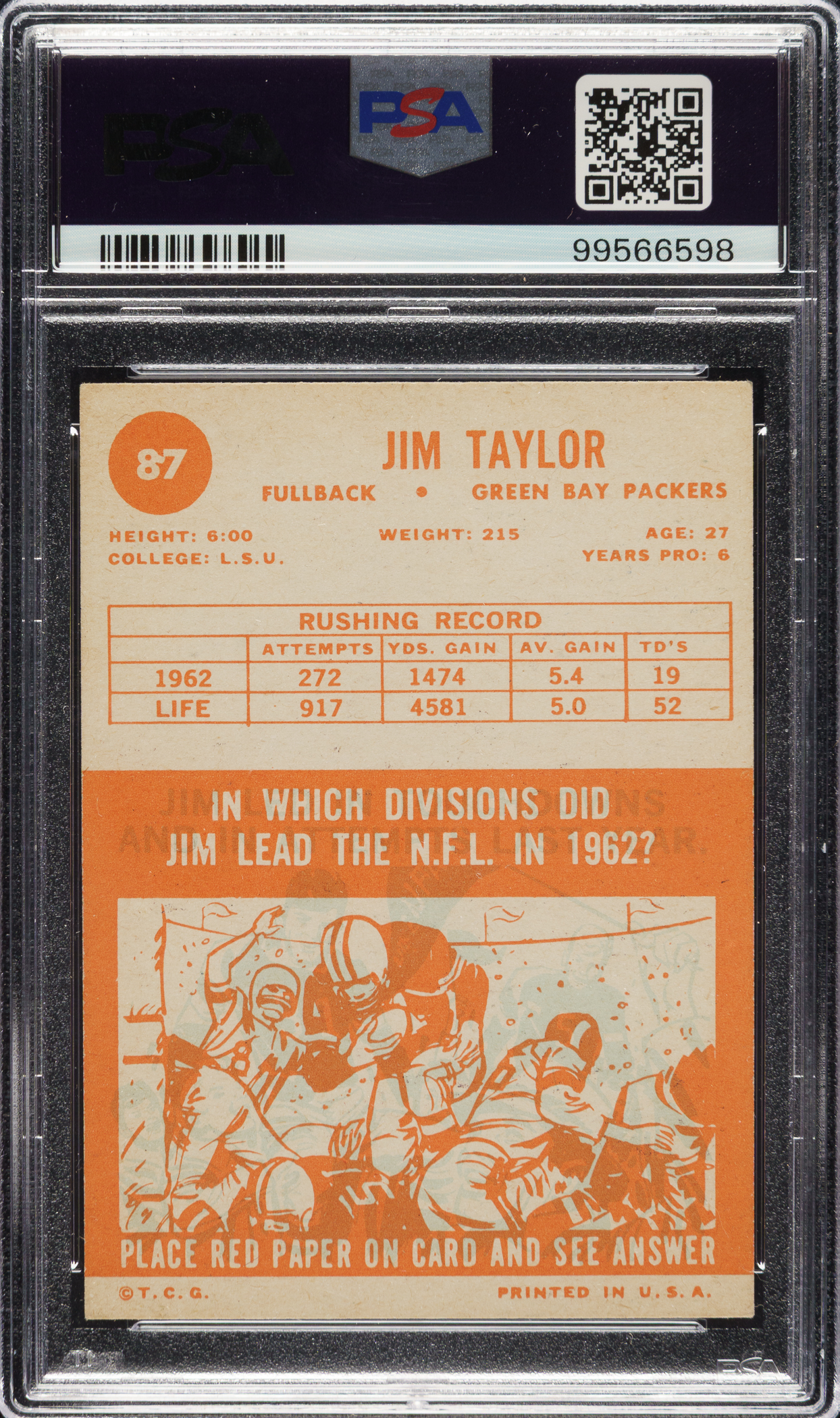 Signed 1963 Topps Football #87 Jim Taylor PSA EX 5 with GEM MINT 10 ...