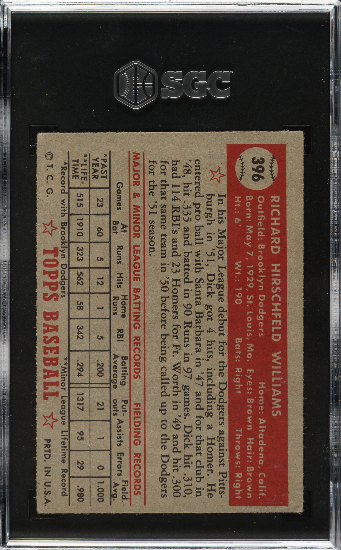 1952 Topps #396 Dick Williams Rookie High Number SGC VG/EX 4 | REA Archive