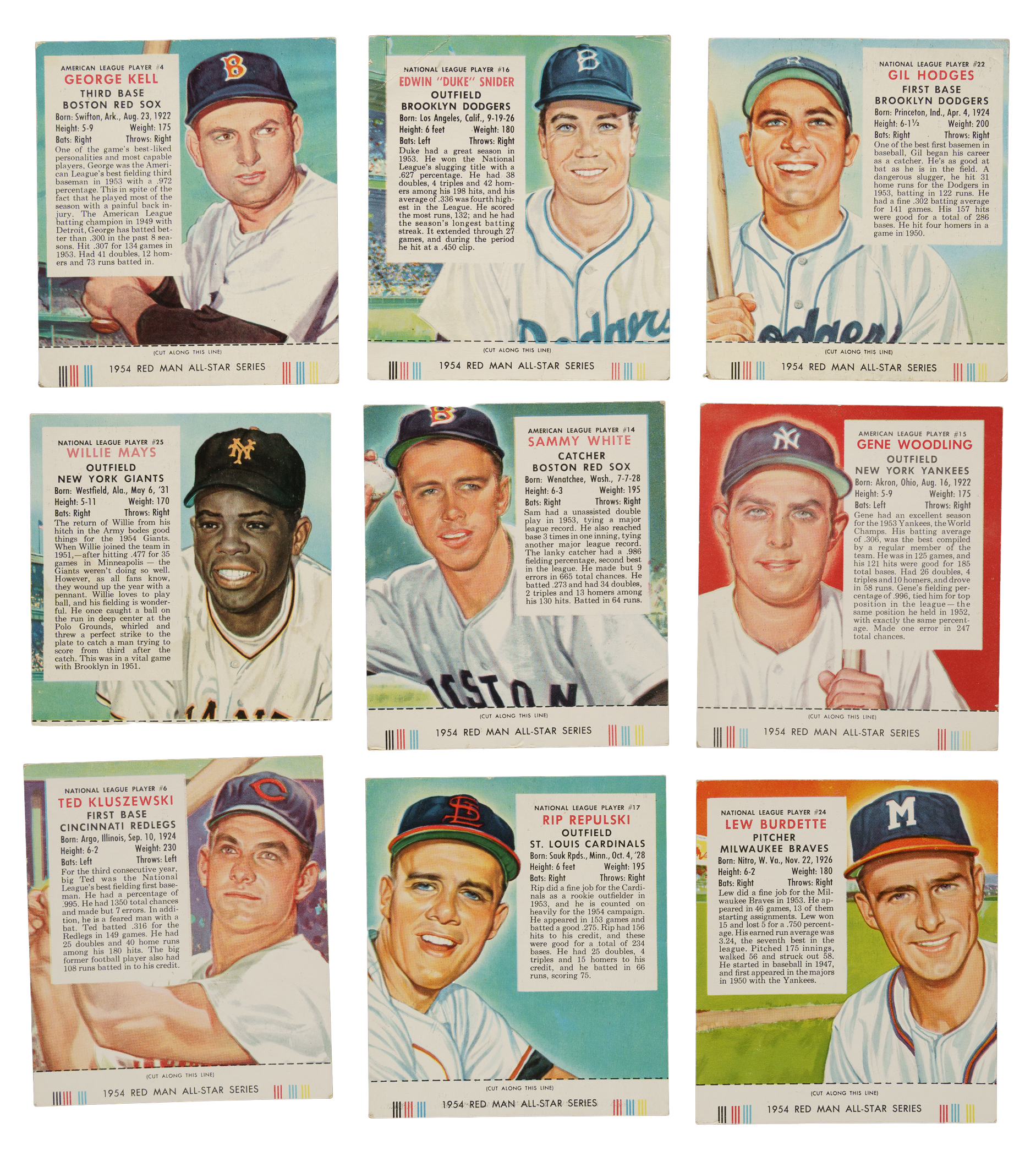 1954 Red Man Tobacco Collection (9) Including George Kell, Duke Snider ...