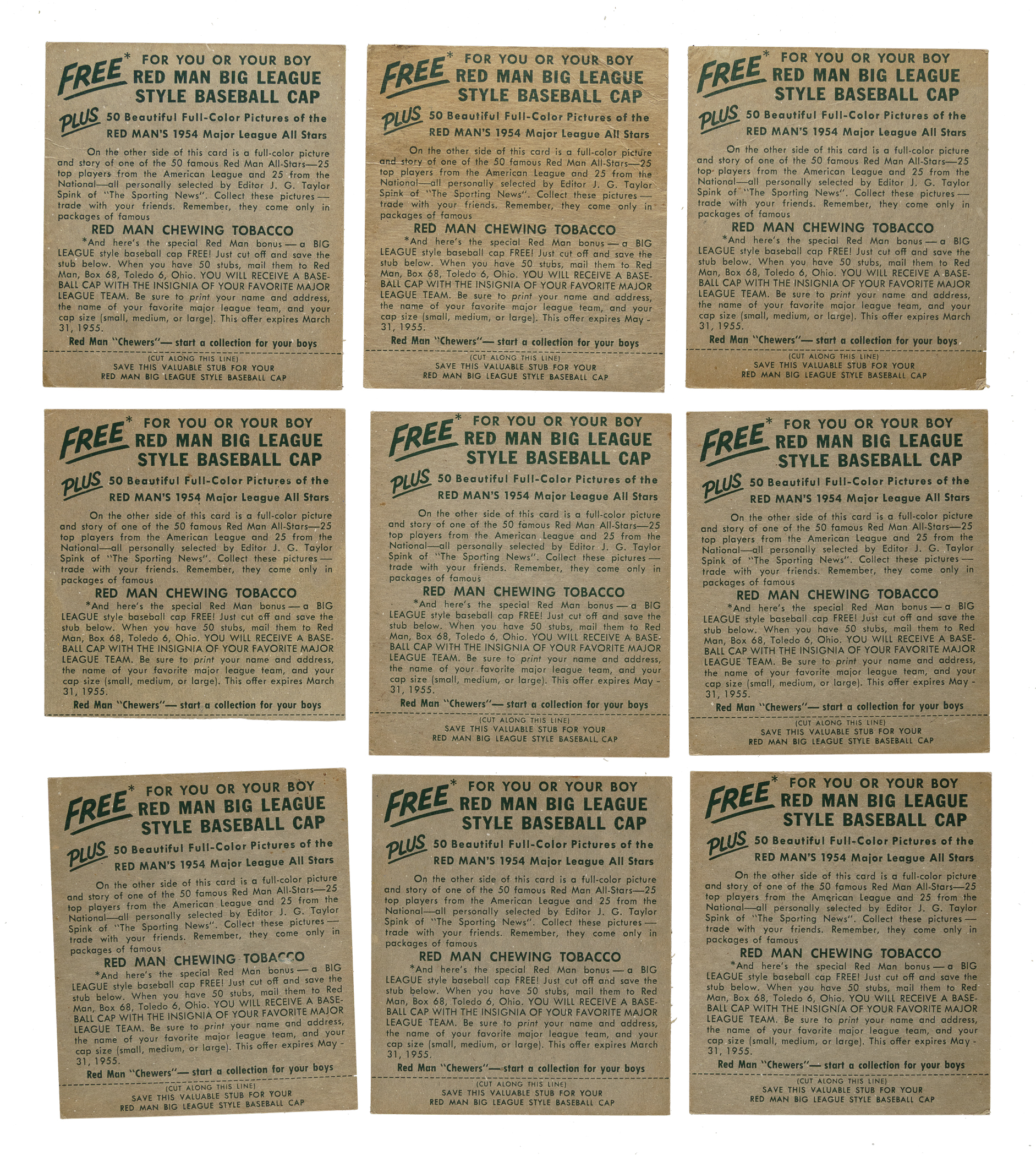 1954 Red Man Tobacco Collection (9) Including George Kell, Duke Snider ...