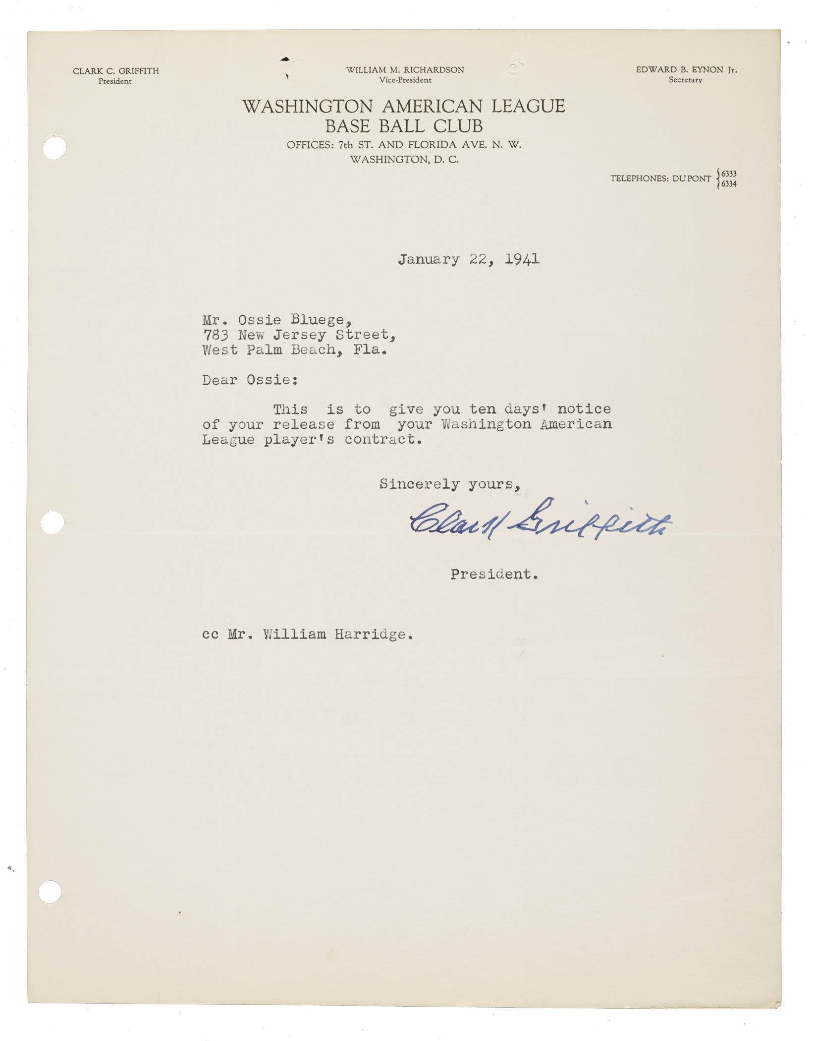 1941 Clark Griffith Signed Letter to Ossie Bluege on Washington ...