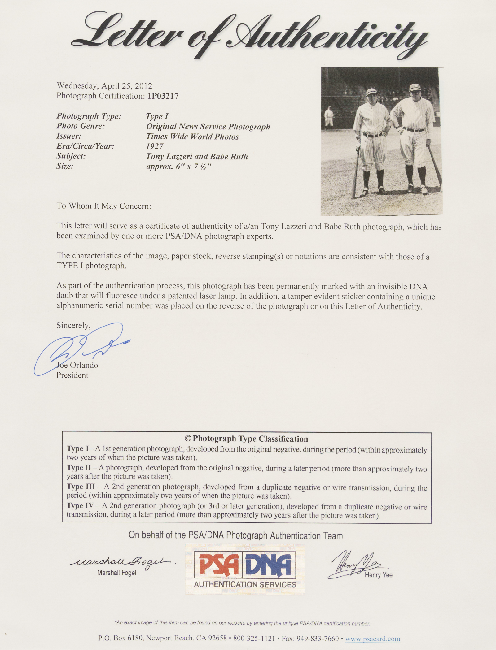 1927 Babe Ruth and Tony Lazzeri Original Wide World Photos News Service ...