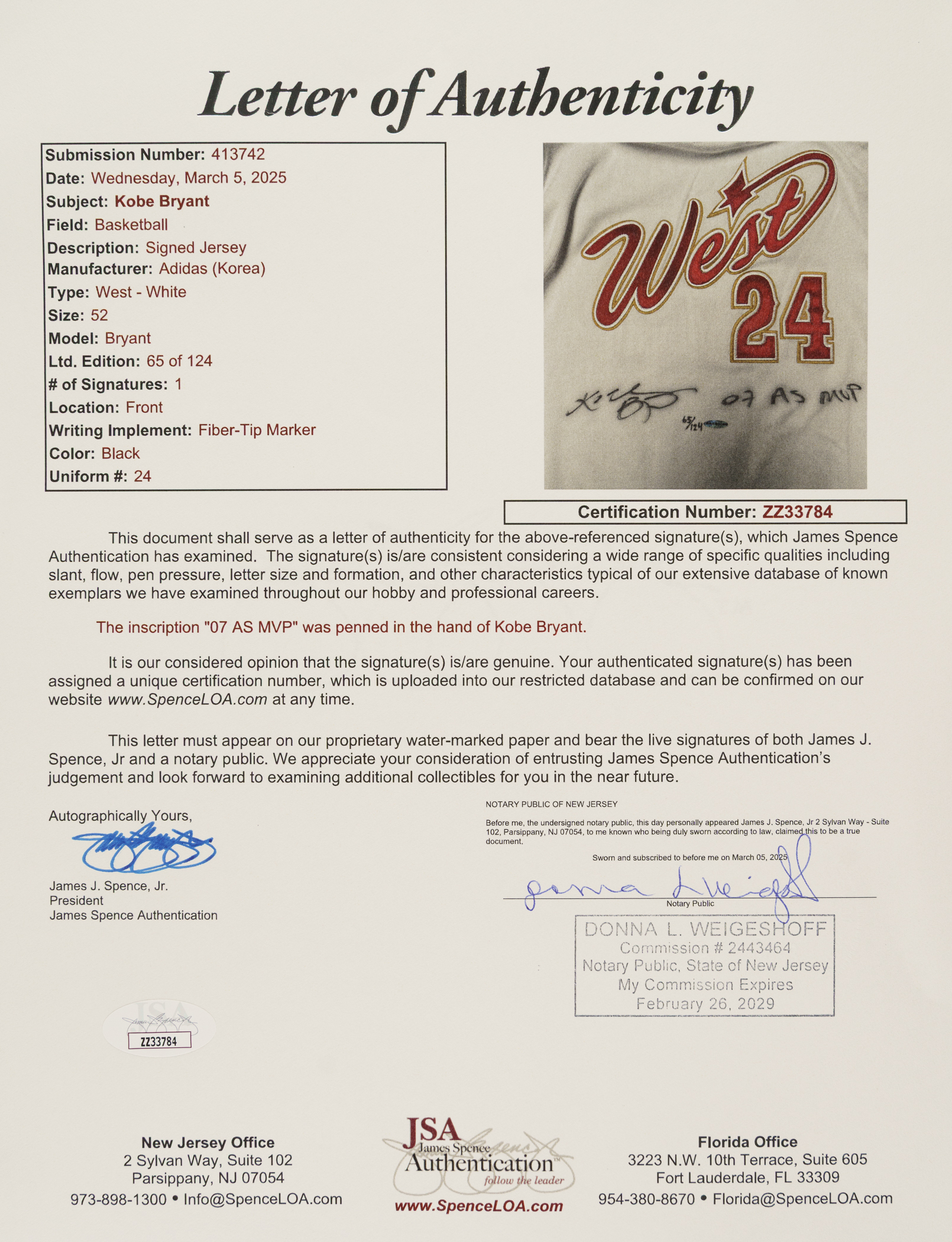 2007 Kobe Bryant Signed Limited-Edition All-Star Game Jersey with "07 AS MVP" Inscription ...