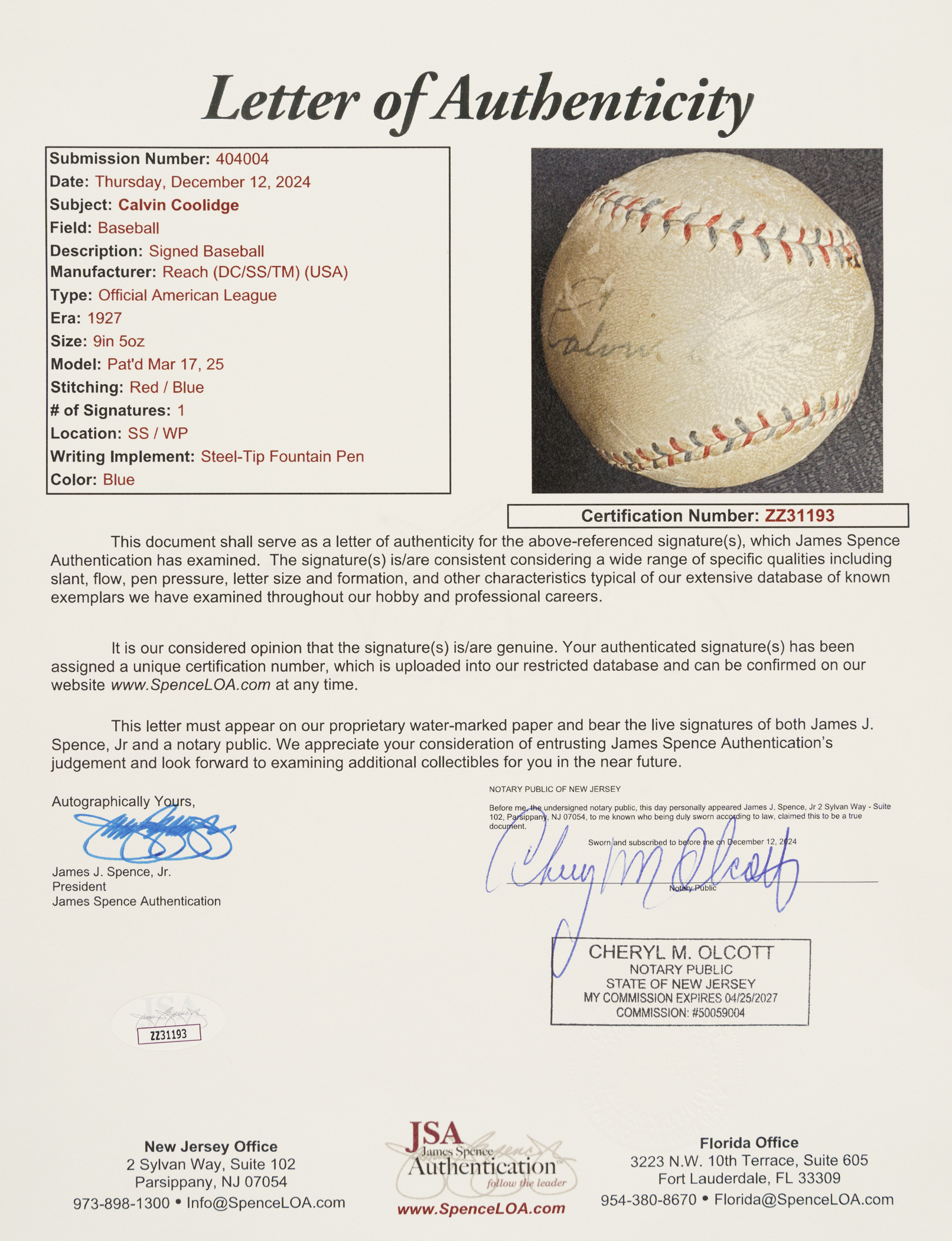 Circa 1928 Calvin Coolidge Single-Signed Baseball - JSA | REA Archive