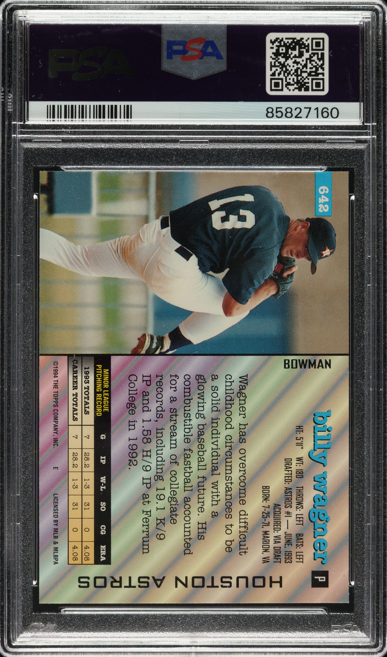 1994 Bowman #642 Billy Wagner Rookie PSA GEM MINT 10 | REA Archive