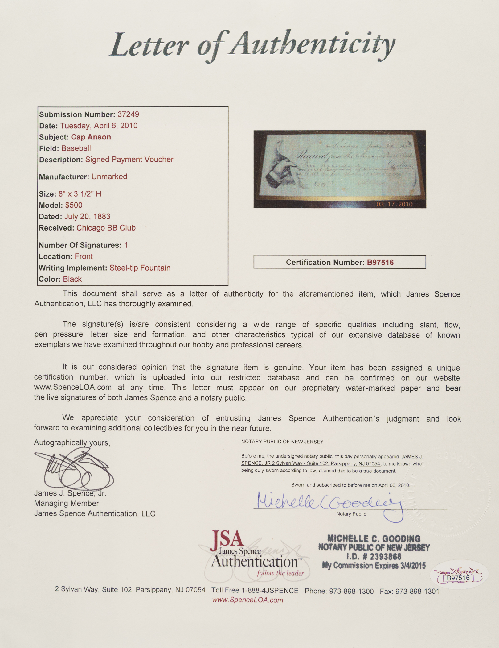 1883 Cap Anson Signed Chicago White Stockings Payment Voucher - PSA/DNA ...