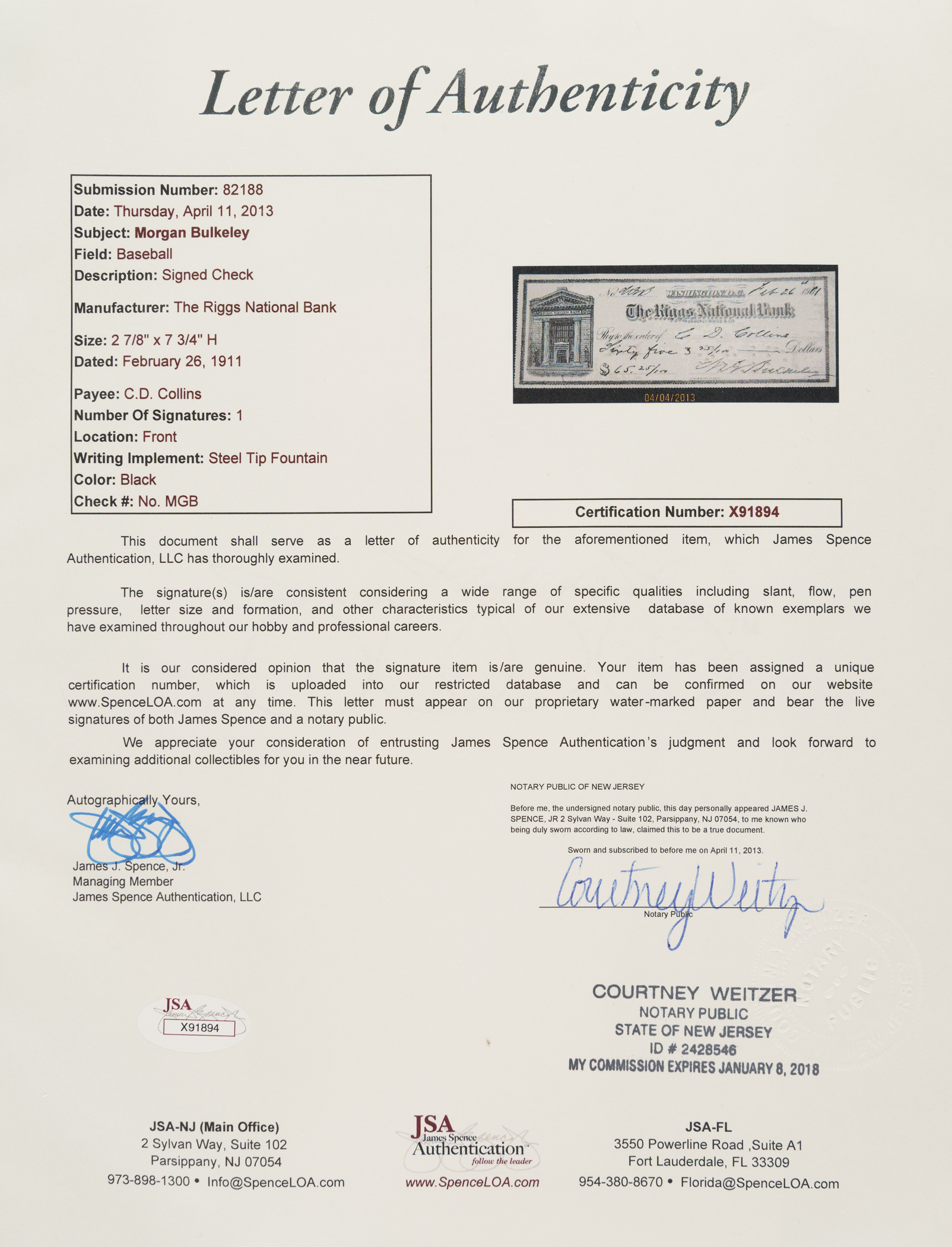 1911 Morgan Bulkeley Signed Check - PSA/DNA & JSA | REA Archive