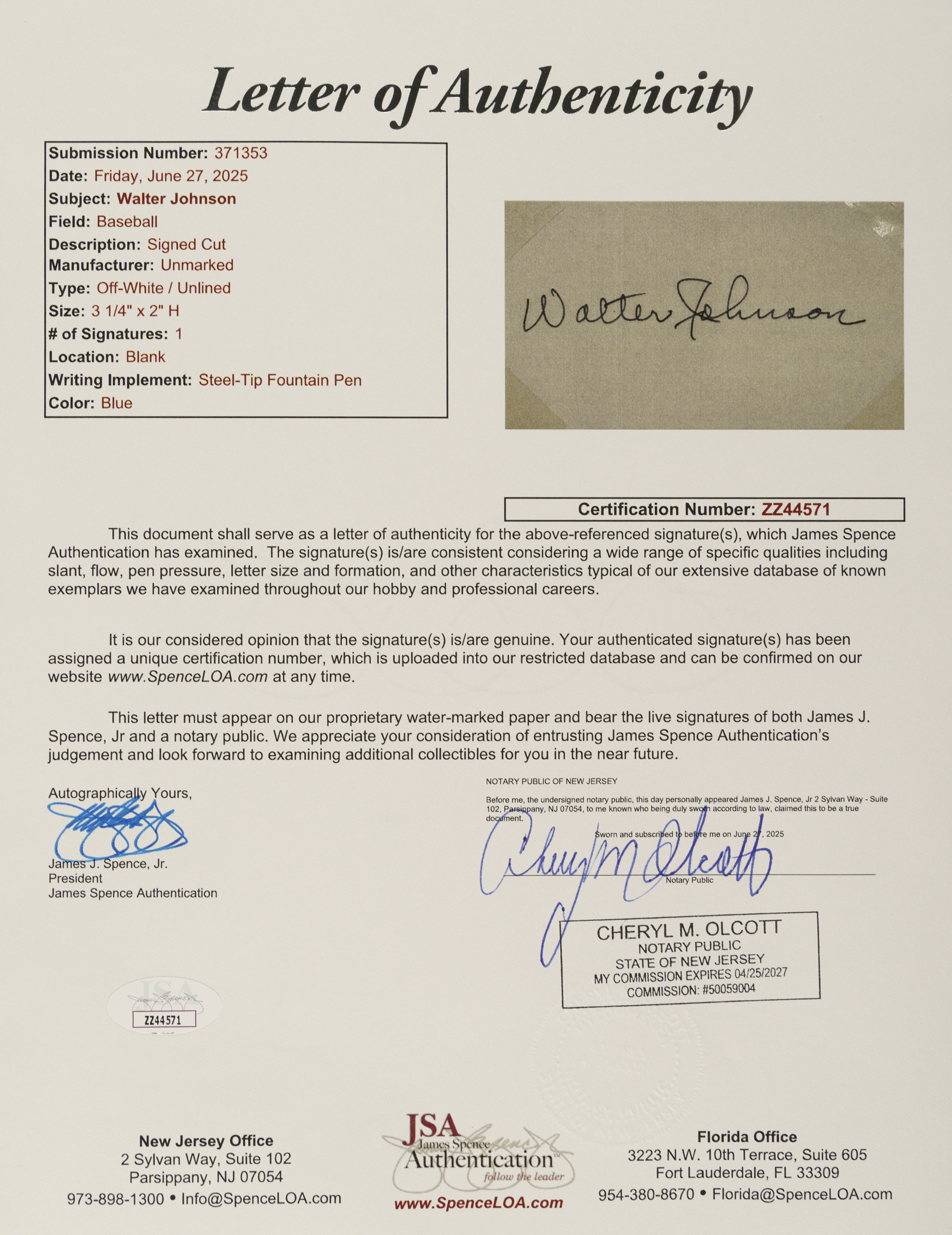 1939 Walter Johnson Cut Signature - JSA | REA Archive