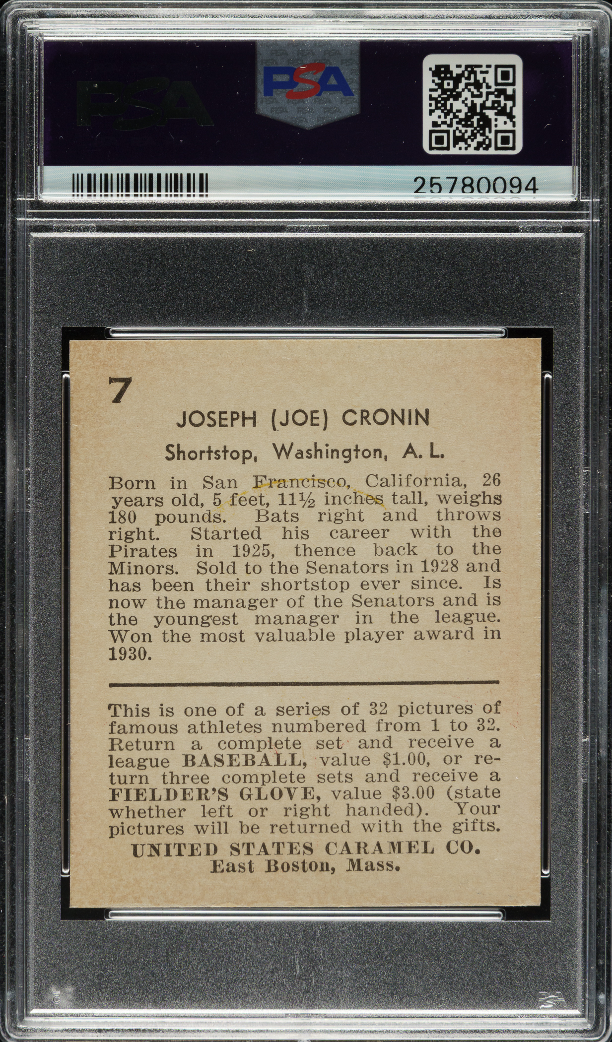 1932 R328 U.S. Caramel #7 Joe Cronin PSA NM-MT+ 8.5 - 1 of 1 - Highest ...