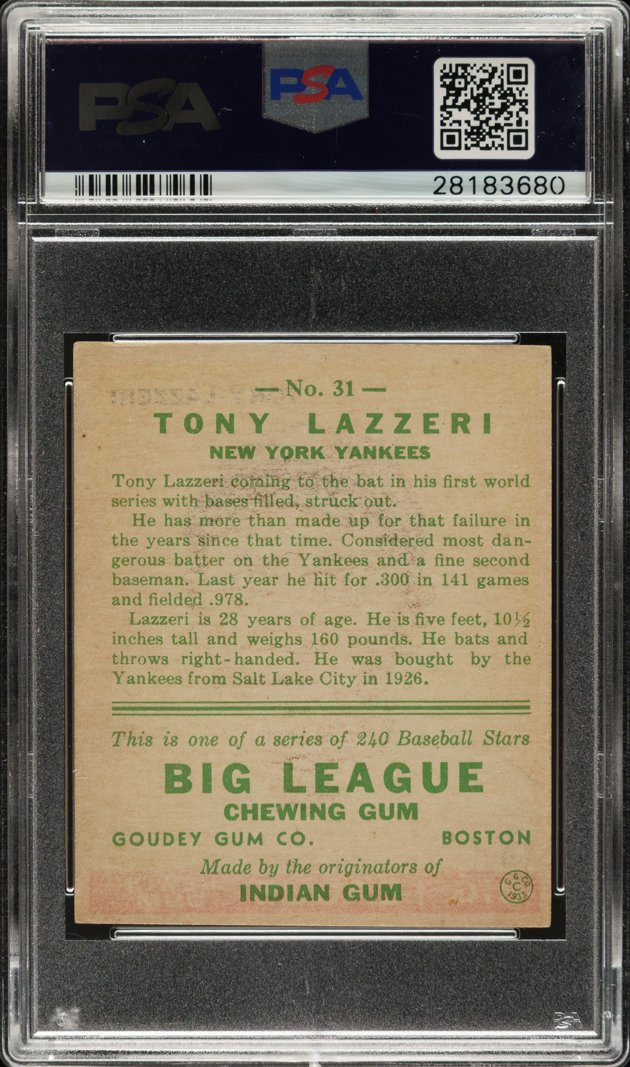 1933 R319 Goudey #31 Tony Lazzeri PSA EX 5 | REA Archive