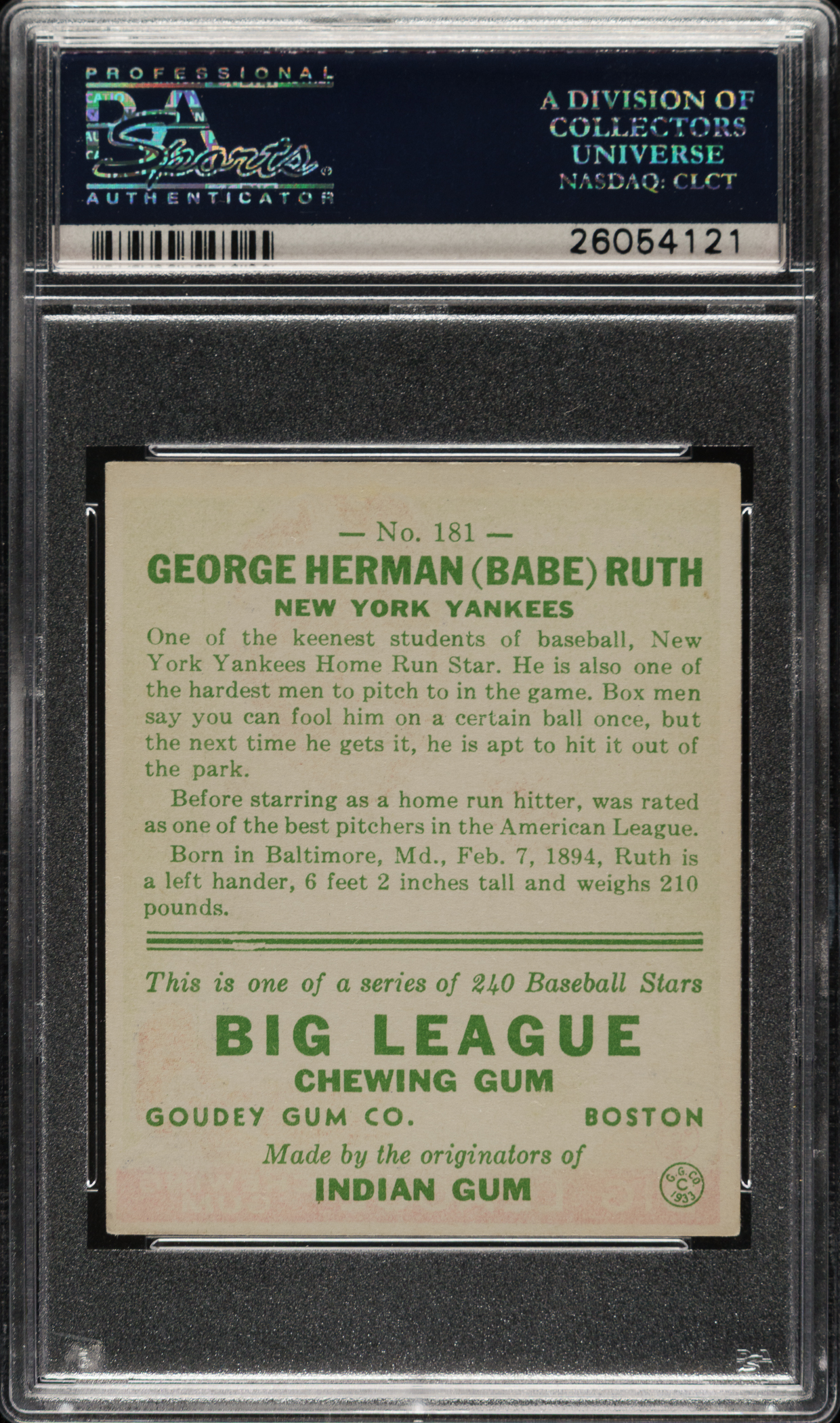 1933 R319 Goudey #181 Babe Ruth PSA EX 5 | REA Archive