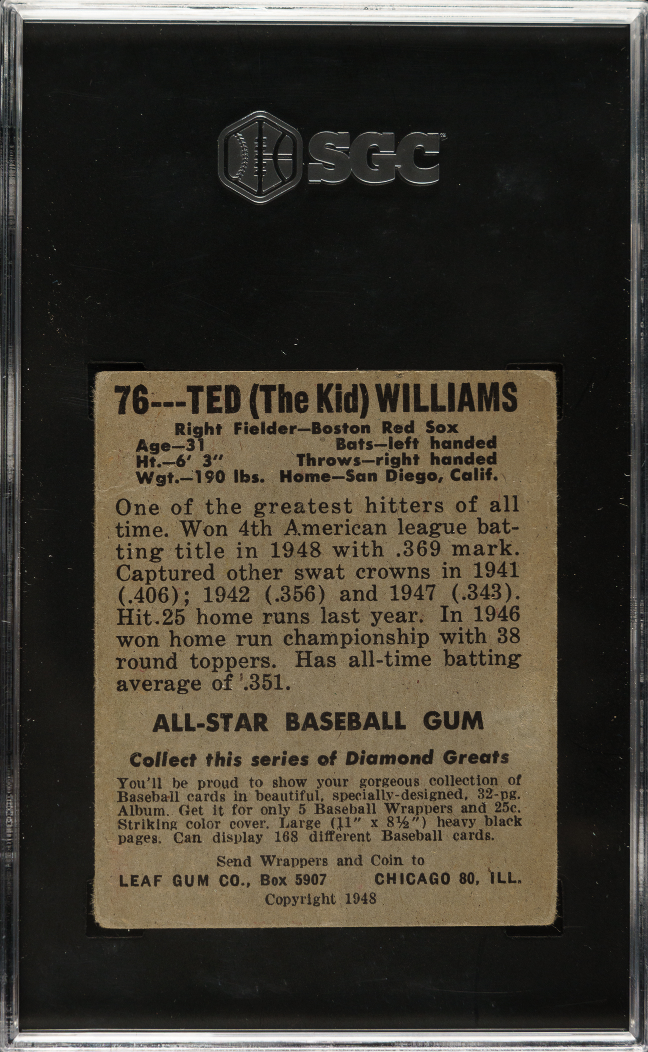 1948-1949 Leaf #76 Ted Williams SGC VG 3 - Pink Background Variation | REA Archive
