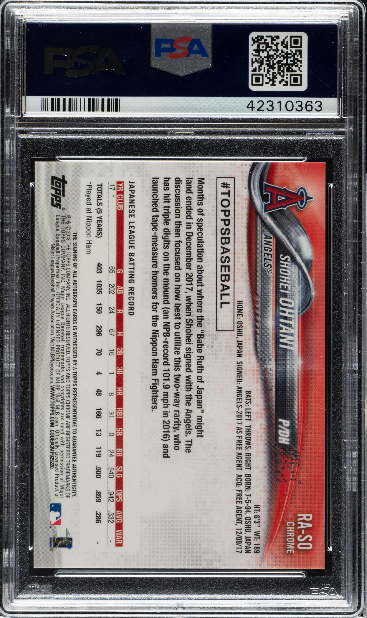 2018 Topps Chrome Rookie Autograph #RA-SO Shohei Ohtani Rookie PSA GEM ...